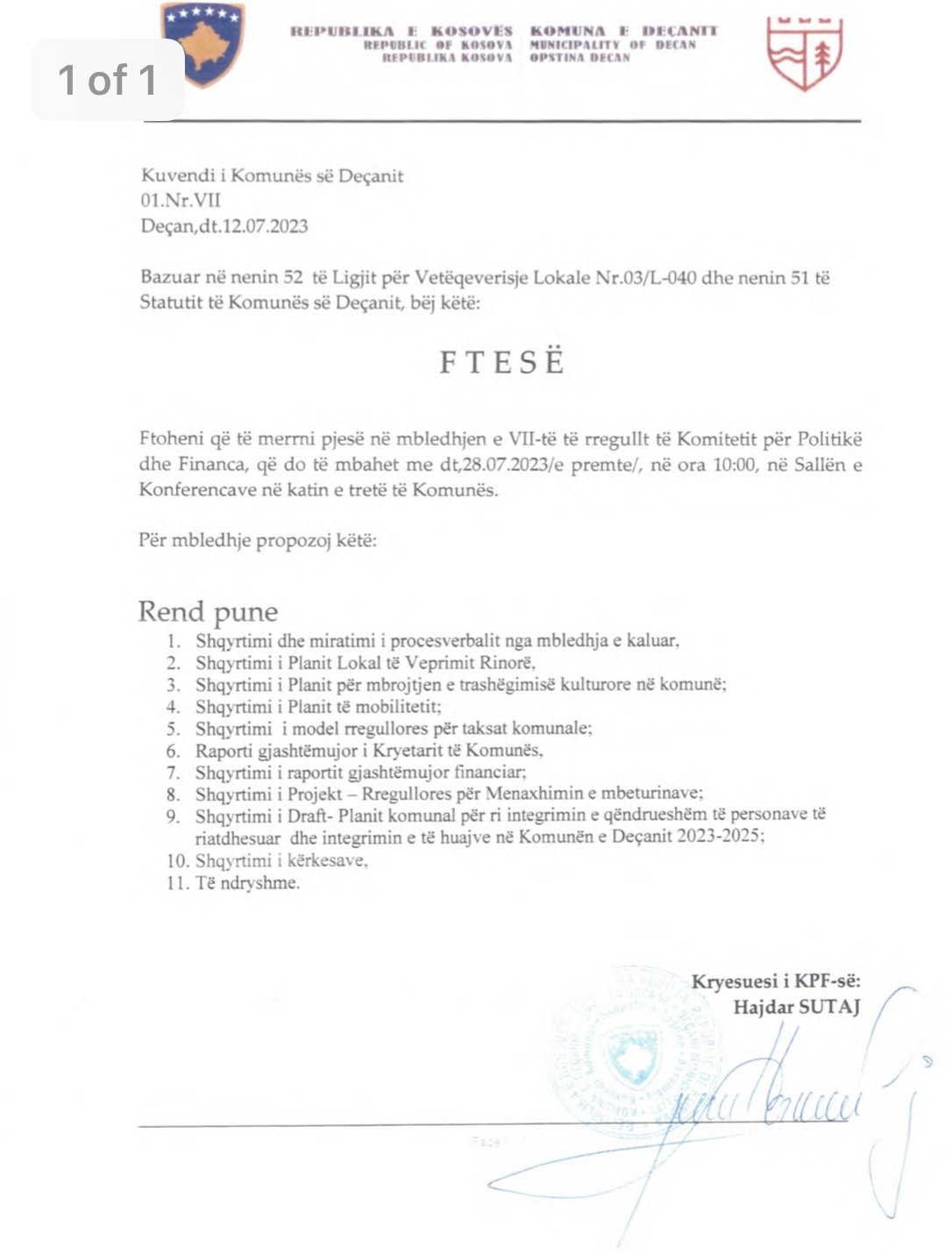 Ftesë - Mbledhja e VII- të e rregullt e KPF- së - Komuna Deçan